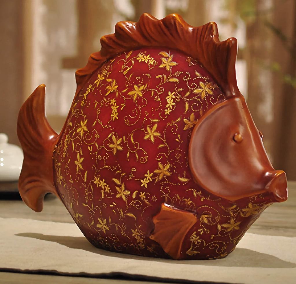 Large Red Fish Sculpture - Hand Painted with Golden Patterns – Samiksha's