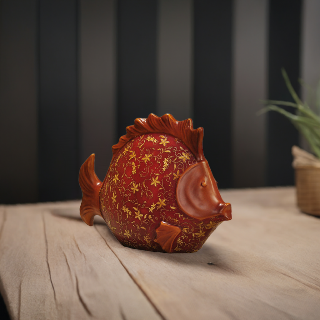 Large Red Fish Sculpture - Hand Painted with Golden Patterns – Samiksha's