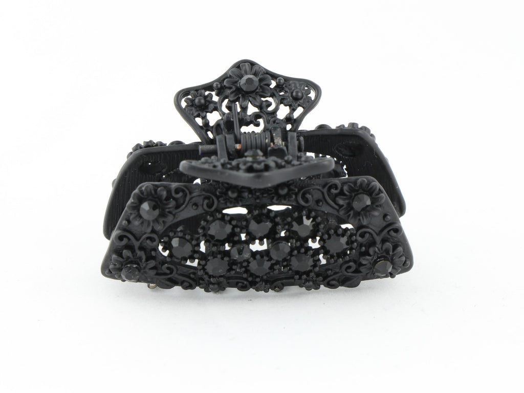 Black metal hair claw clip with black stones on a tiny floral pattern ...